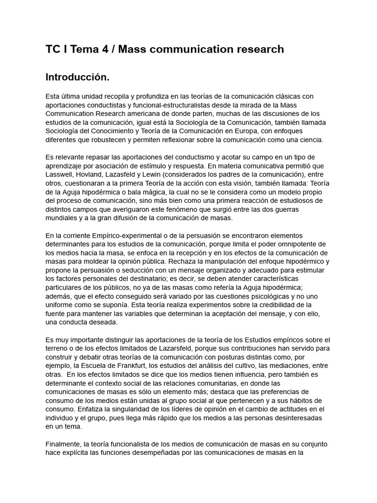 TC I Tema 4 - Mass Communication Research | PDF | Behaviorismo | Sicología