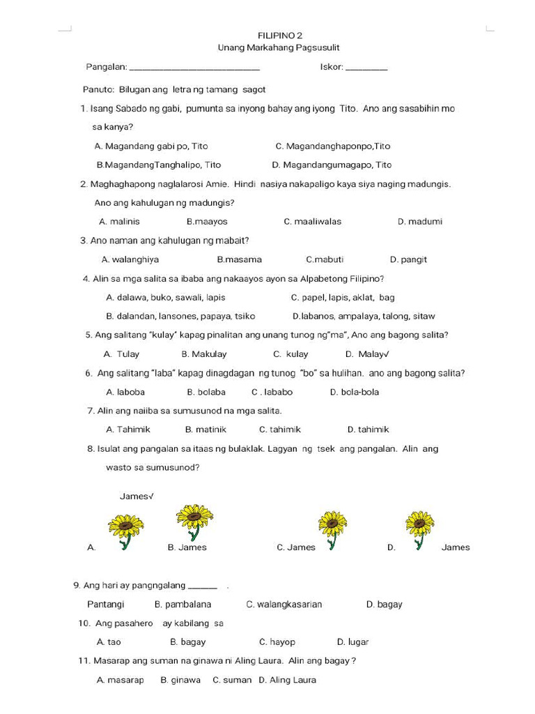 Grade 2-Filipino Exam 1st Quarter | PDF
