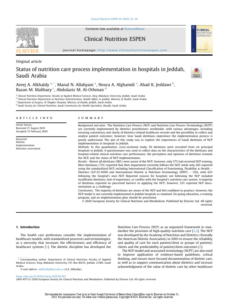 NCP Implementation in Hospitals in Jeddah-SA | PDF | Dietitian | Health ...