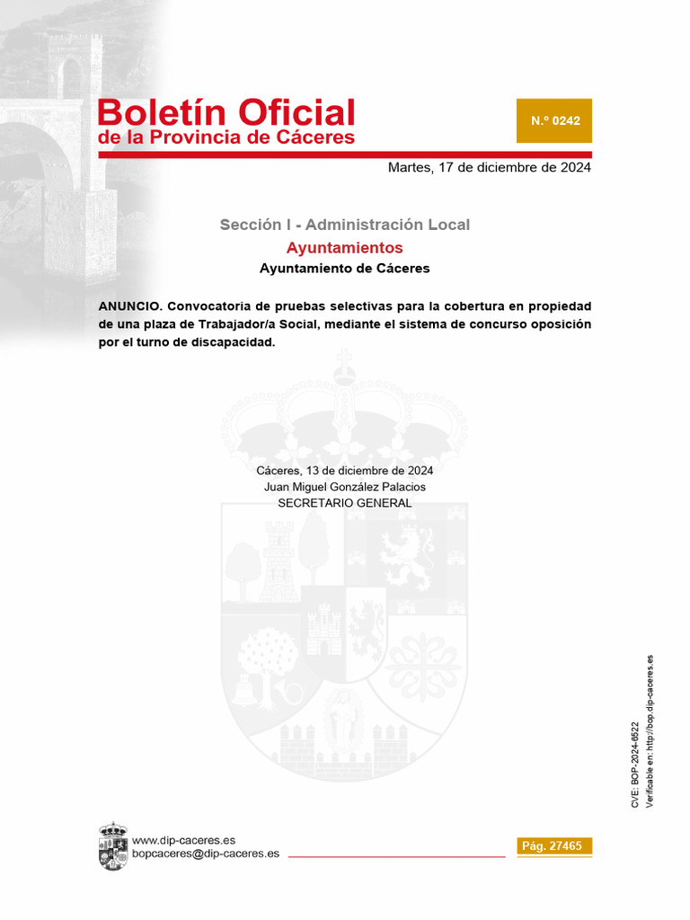 Anuncio Bop N o 242 17.12.2024 Bases Convocatoria Trabajaor A Social Turno Discapacidad | PDF ...