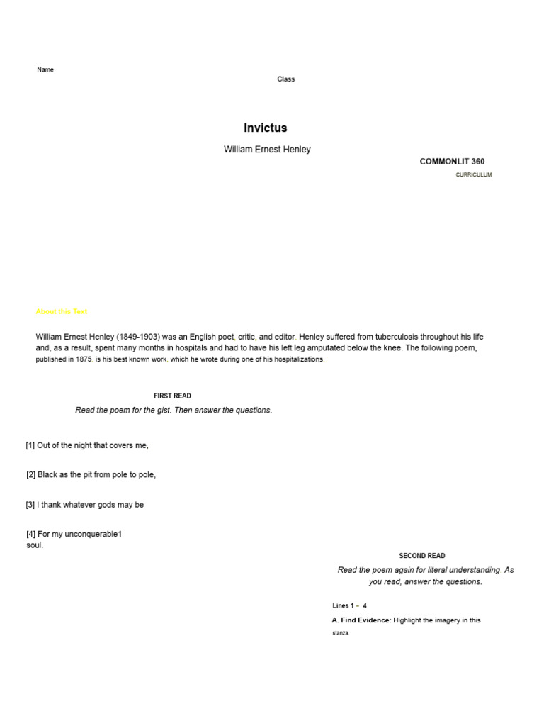 Analyzing "Invictus" by Henley | PDF