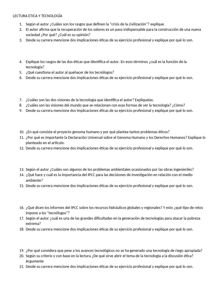 Preguntas ETICA Y TECNOLOGÍA | PDF