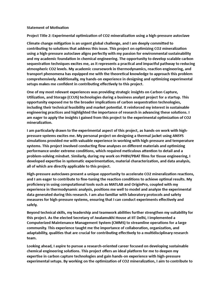 Statement of Motivation - Project2 | PDF | Carbon Sequestration ...