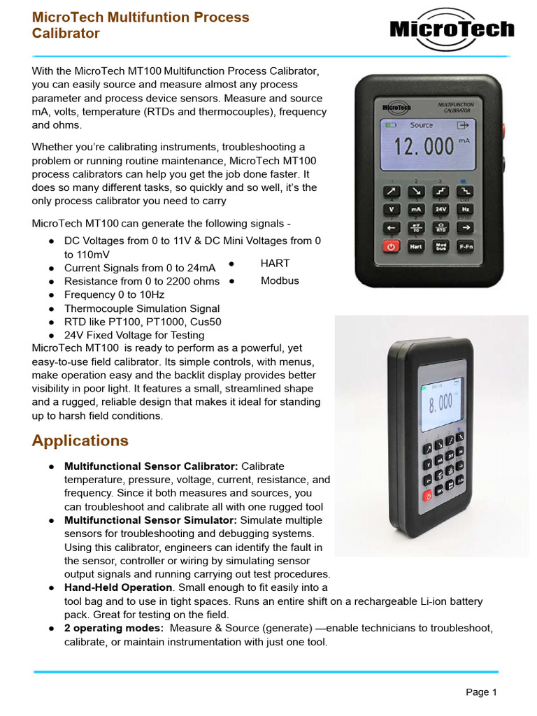 MicroTech MT100 Process Calibrator Overview | PDF | Instrumentation ...