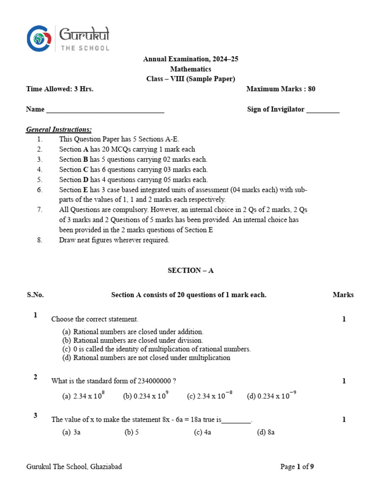 Class VIII Math Exam Sample Paper | PDF | Area | Multiple Choice