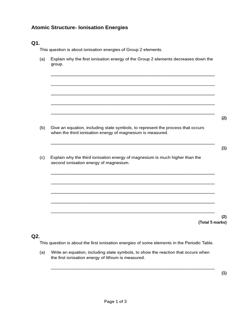Ionisation PPQ Homework | PDF | Ionization | Chemical Elements