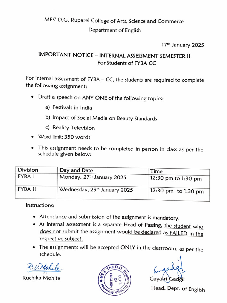 FYBA Sem II CC Assignment Notice | PDF