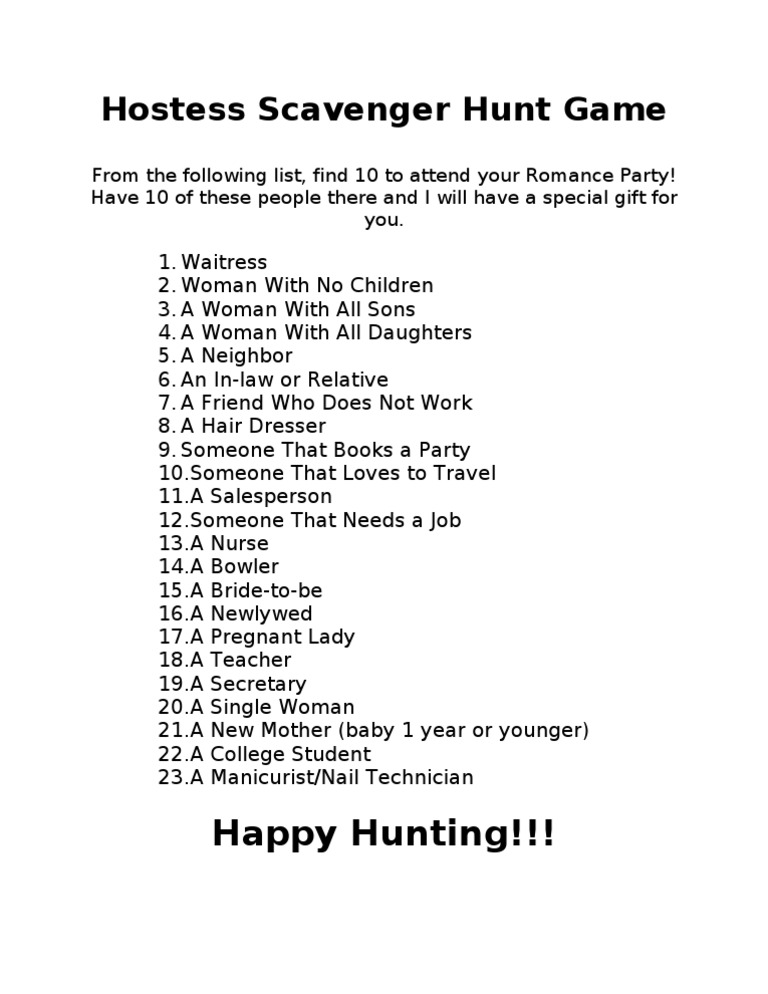 Hostess Scavenger Hunt for Romance Party | PDF