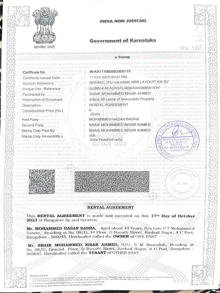 Rental Agreement-Hasan Basha - Nisar Ahmed - Compressed | PDF