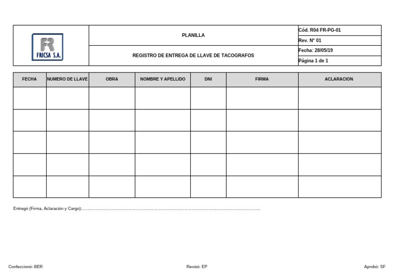 R04 FR-PG-01 Registro de Entrega Llave de Tacógrafo Rev. #01 | PDF