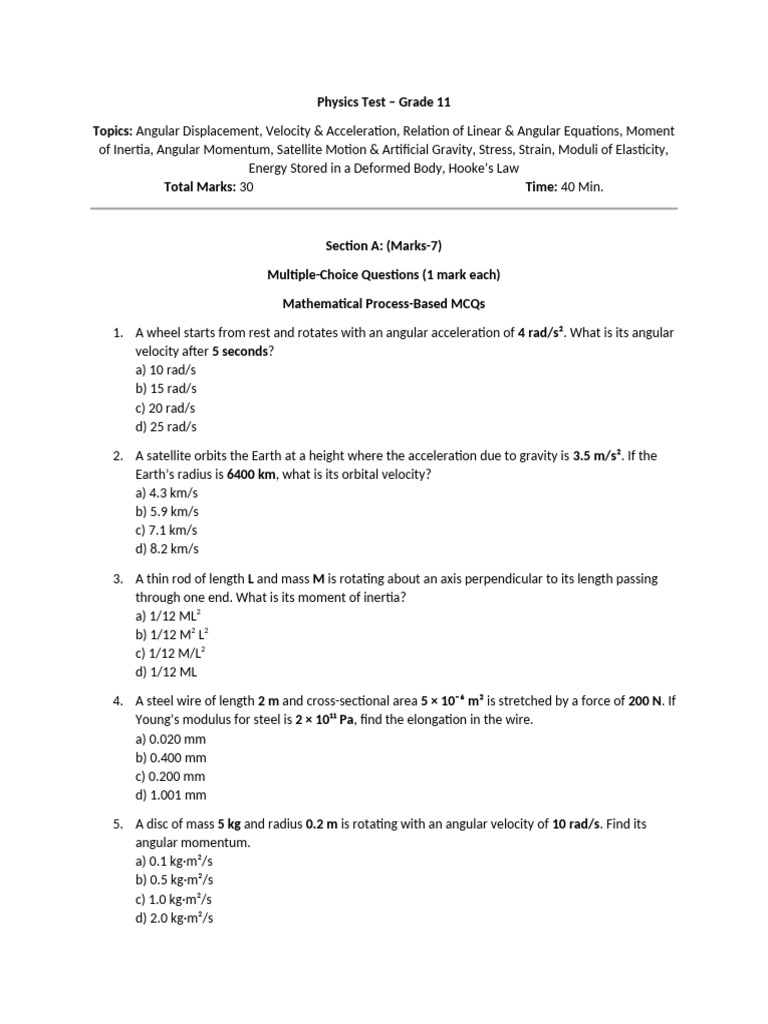 11th Phy - Test Unit-4 & 7 (Rotational Motion & Physics of Solids ...