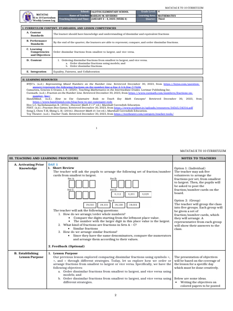 DLL Matatag - Math 4 Q3 W4 | PDF | Mathematics | Arithmetic