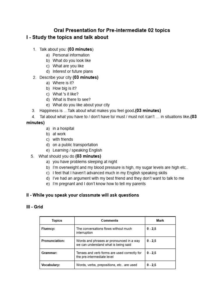 Pre-Intermediate Oral Presentation Guide | PDF