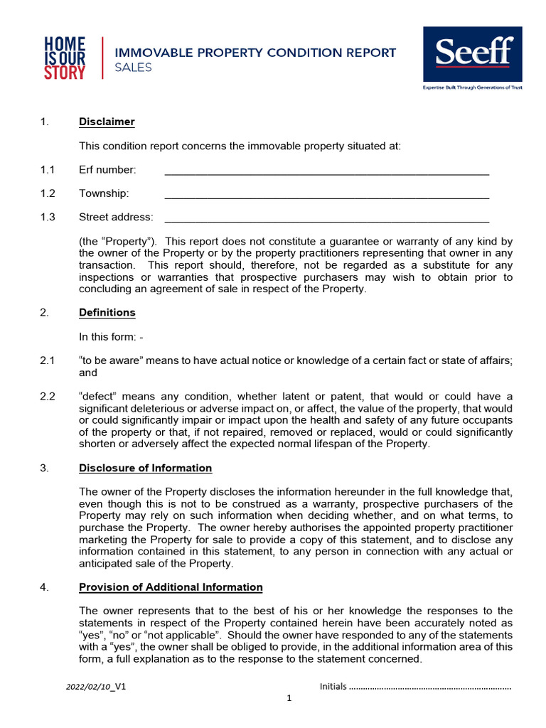 Immovable Property Condition Report Sales V1 Editable | PDF | Justice ...