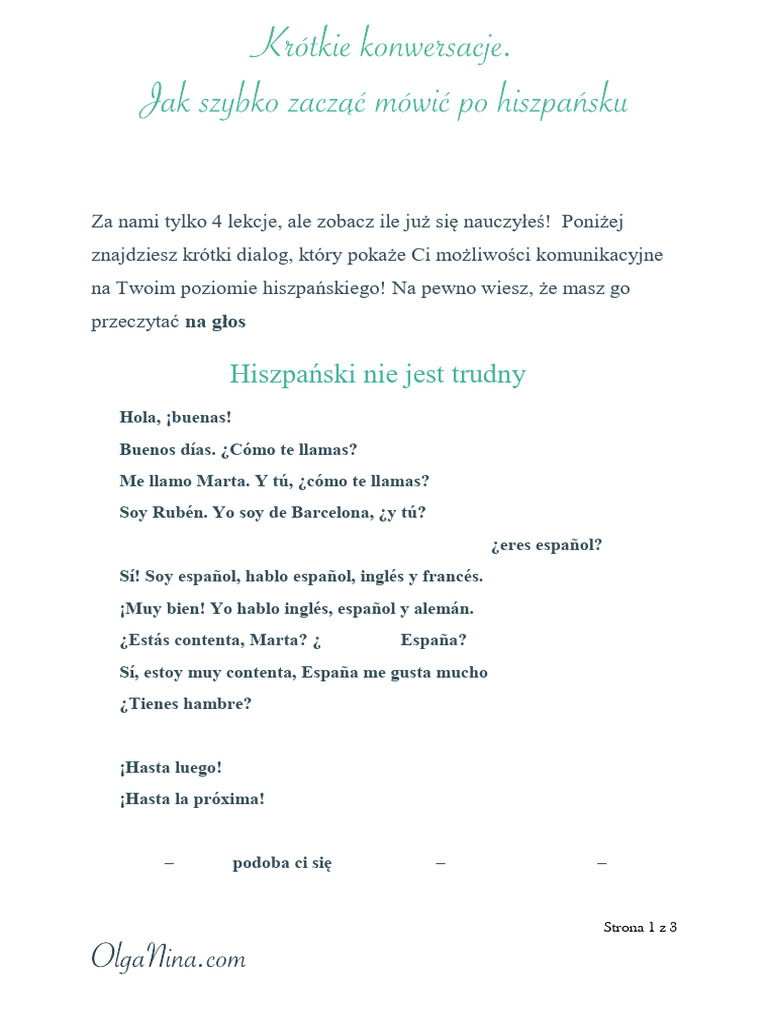 Lekcja 5 - KrÃ Tkie Konwersacje - Hiszpaå Ski | PDF