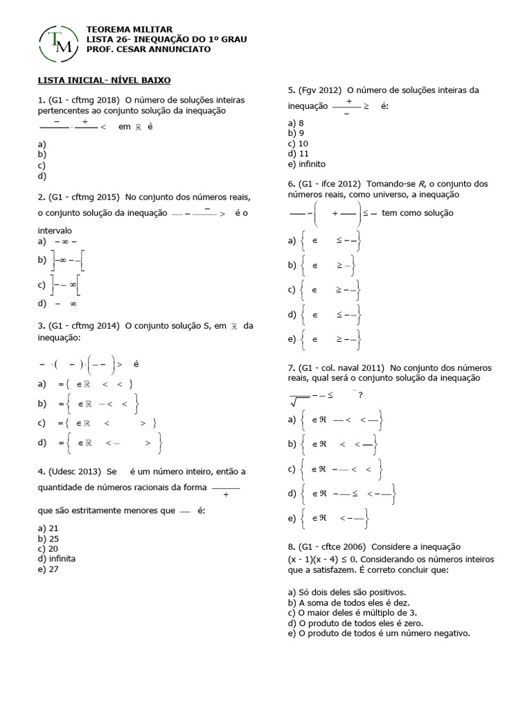 Lista+26+ Inequa%c7%c3o+Do+1%Ba+Grau | PDF | Matemática elementar | Números