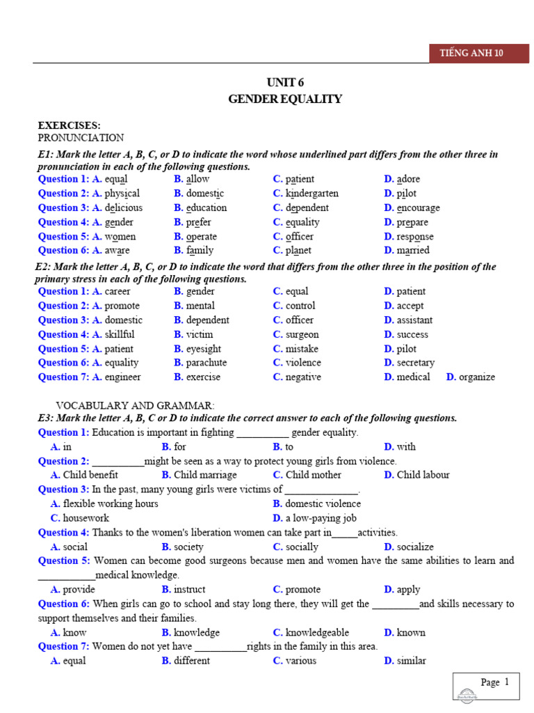 Gender Equality Exercises for English 10 | PDF | Gender Inequality ...