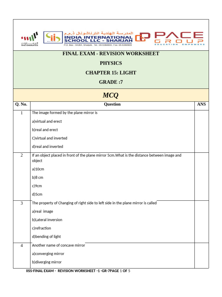 Grade 7 Physics Light Exam Revision | PDF | Mirror | Glass Engineering ...