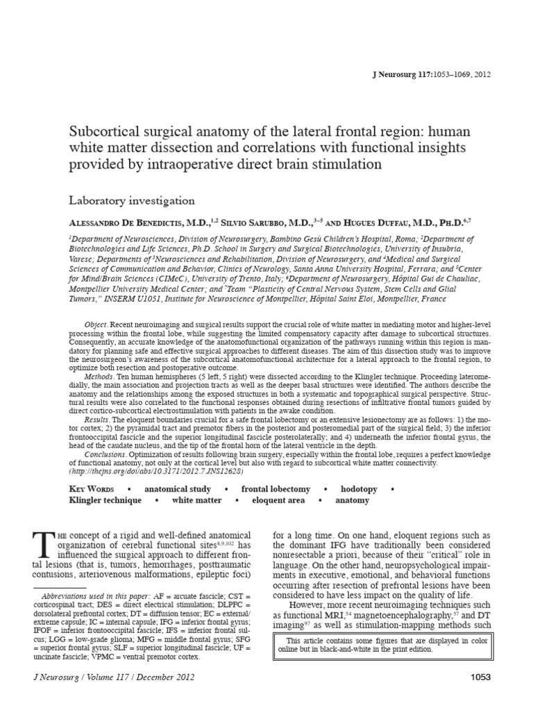 Subcortical Surgical Anatomy of the Lateral Frontal Region. Human Withe Matter Dissection and ...
