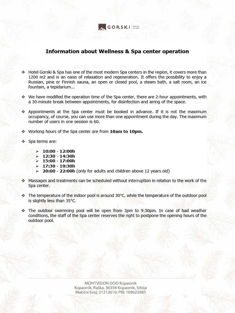 Wellness and Spa Operation Information | PDF