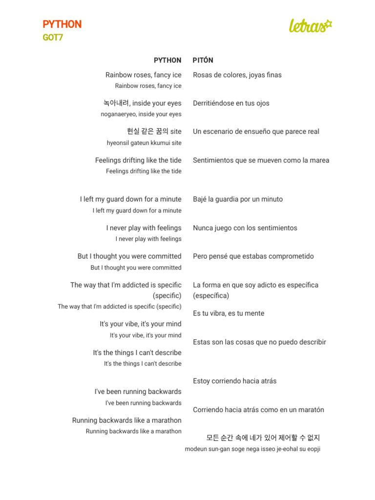 PYTHON (TRADUCCIÓN) - GOT7 (Impresión) | PDF | Grabación de sonido | Música grabada