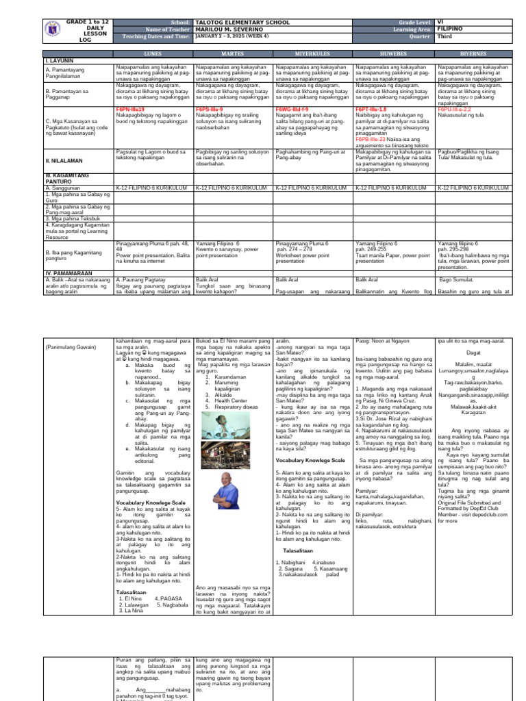 DLL - Filipino 6 - Q3 - W4 | PDF