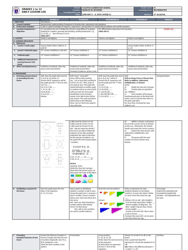 DLL - Mathematics 6 - Q3 - W4 | PDF | Equations | Mathematics