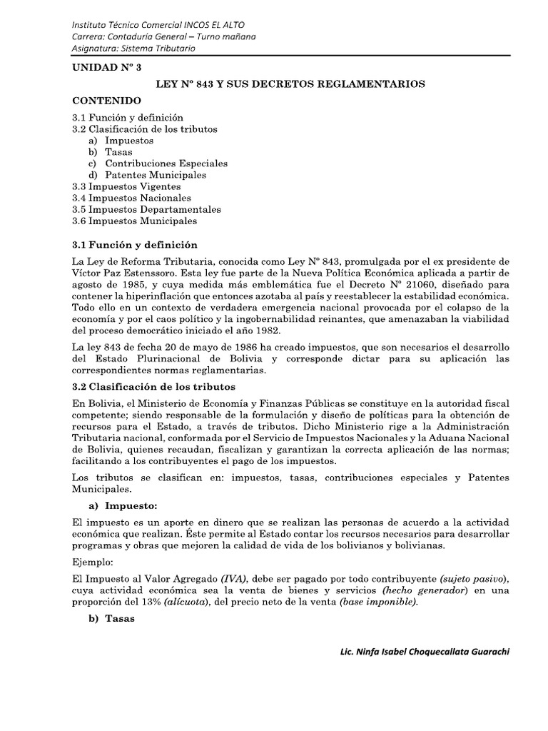 UNIDAD #3 Ley #843 | PDF