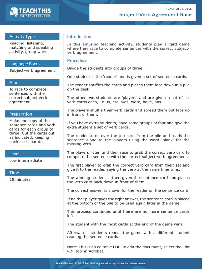 Subject-Verb Agreement Race Intermediate (B1) | PDF | English As A ...