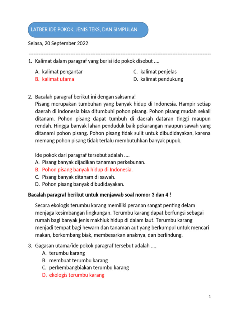 Latber Ide Pokok, Jenis Teks, Dan Simpulan Paragraf | PDF