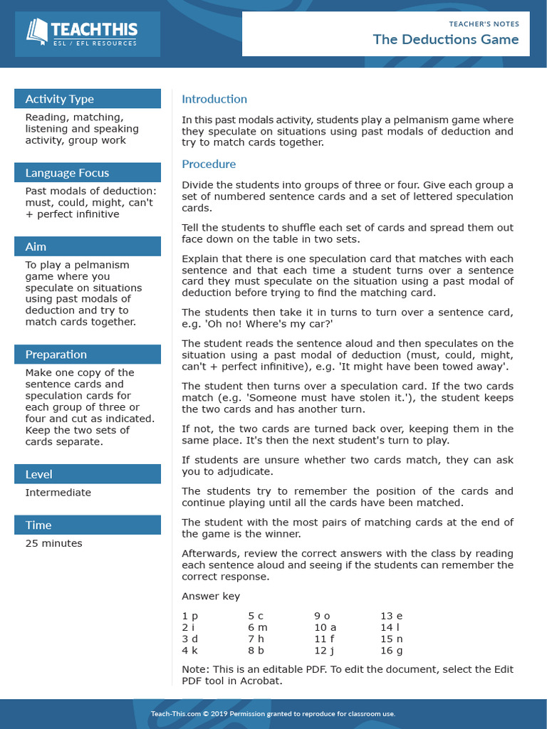 The Deductions Game - Intermediate (B1) | PDF