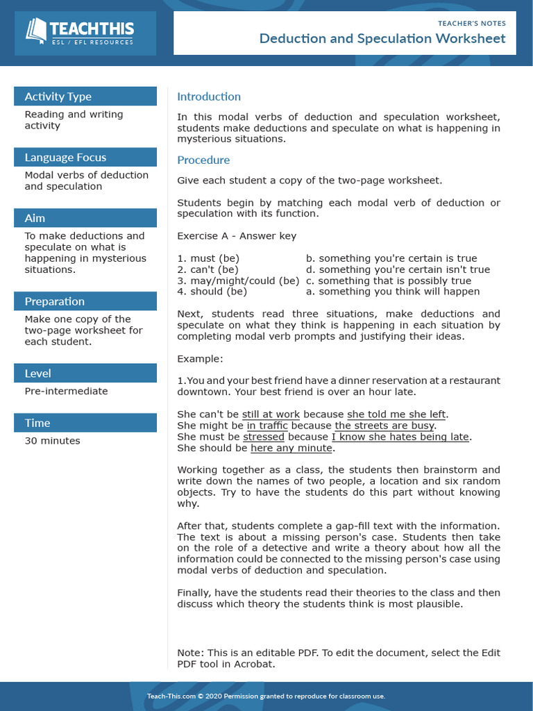 Deduction and Speculation Worksheet - Intermediate (B1) | PDF | Cognition
