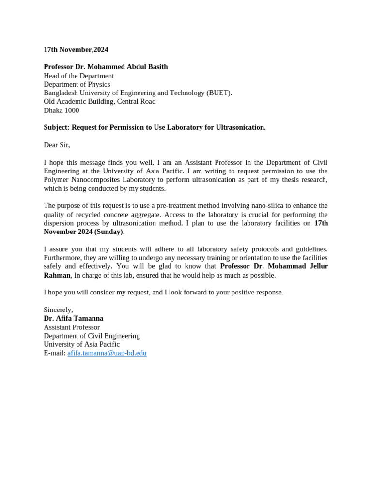 17th November, 2024 Professor Dr. Mohammed Abdul Basith: Afifa - Tamanna@uap-Bd - Edu | PDF