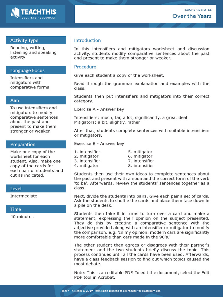 Intensifiers and Mitigators Worksheet | PDF | English As A Second Or ...