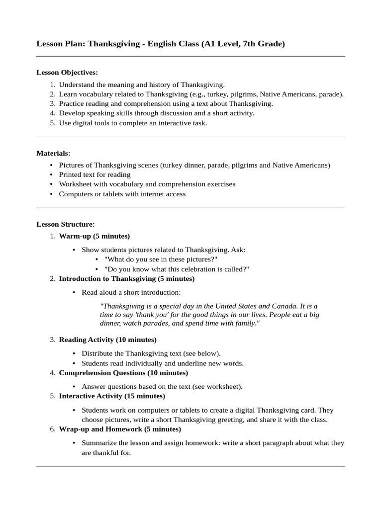 Thanksgiving Lesson Plan for A1 Students | PDF | Reading Comprehension ...