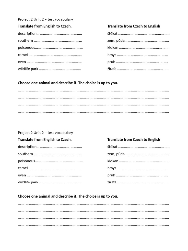 Project 2 Unit 2 Test Vocabulary-Wild Animals | PDF | Zoology