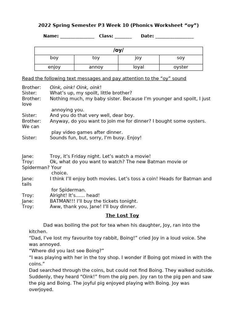 P3WK10 Phonics Worksheet Oy Sound | PDF