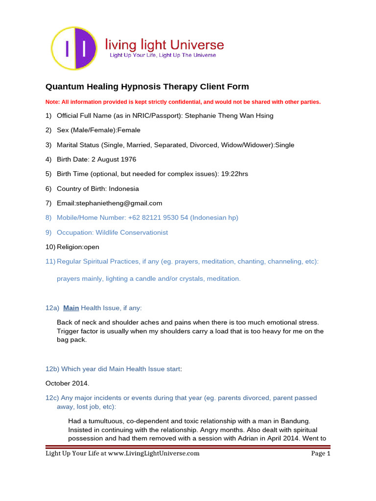 Living Light Universe - QHHT Client Form - Stephanie 2015 | PDF | Feeling | Fear