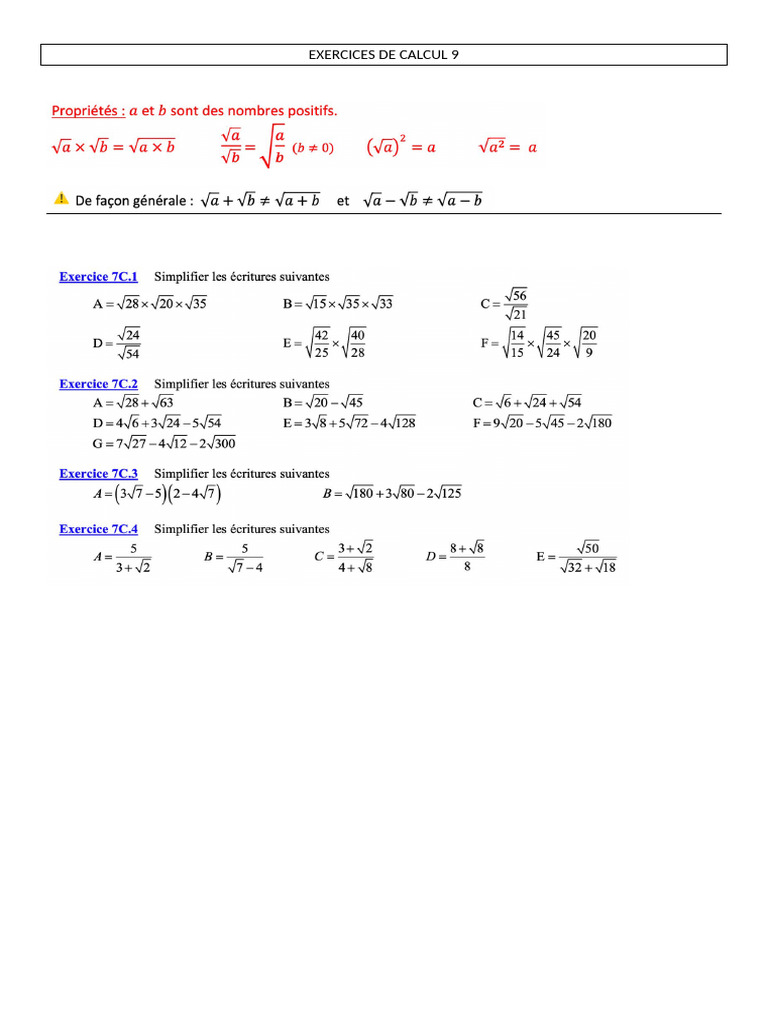 Exercices de Calcul 9 3 | PDF