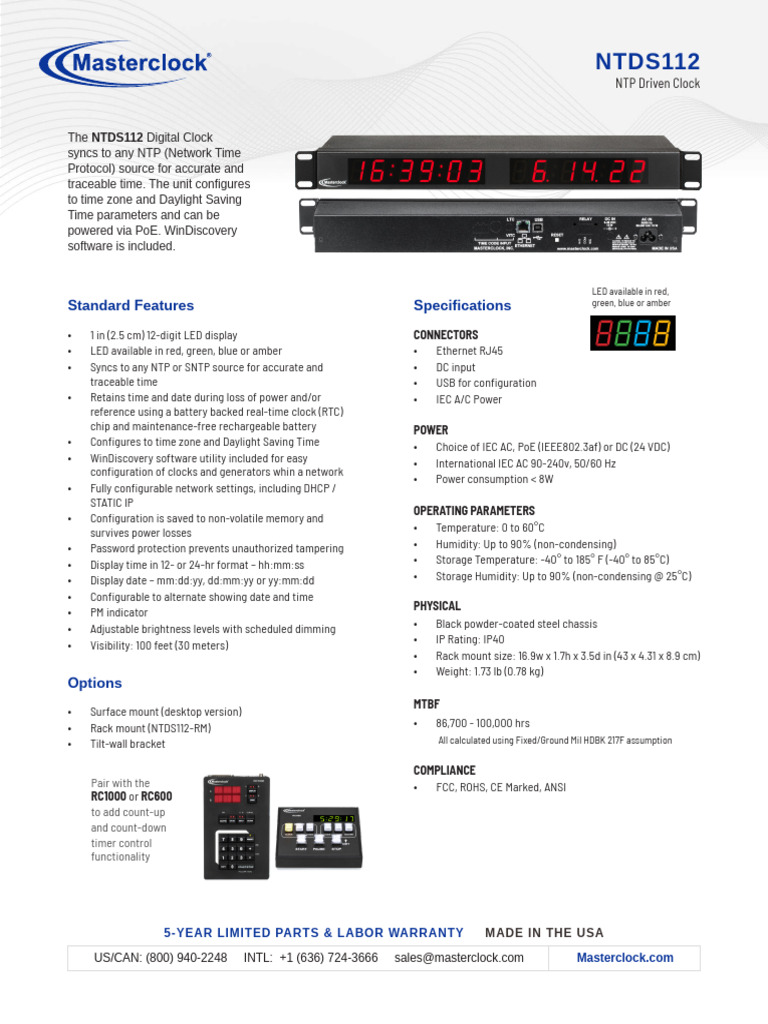 Masterclock NTDS112 Data-Sheet 2023 | PDF | Physical Layer Protocols | Computing