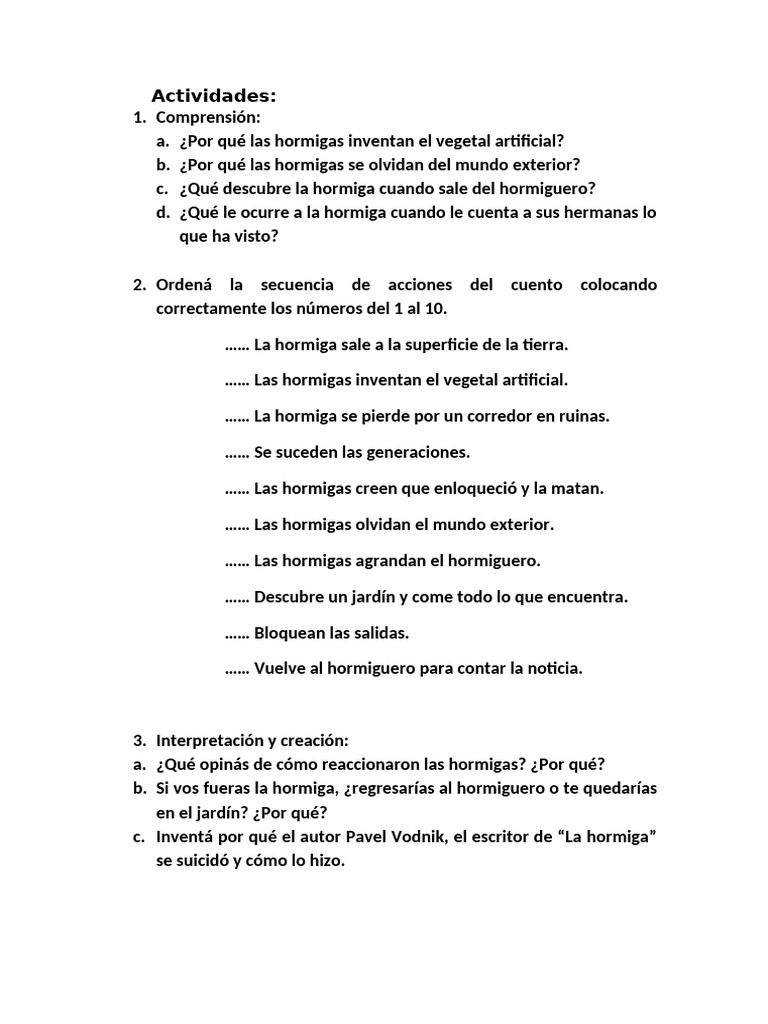 Actividades sobre "La hormiga" de Denevi | PDF