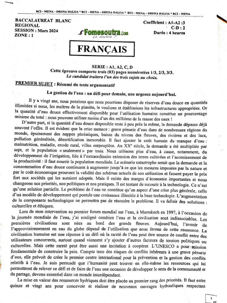 Sujet Francais Baccalauréat Blanc Régional Mars 2024 Dren Daloa Rci by ...