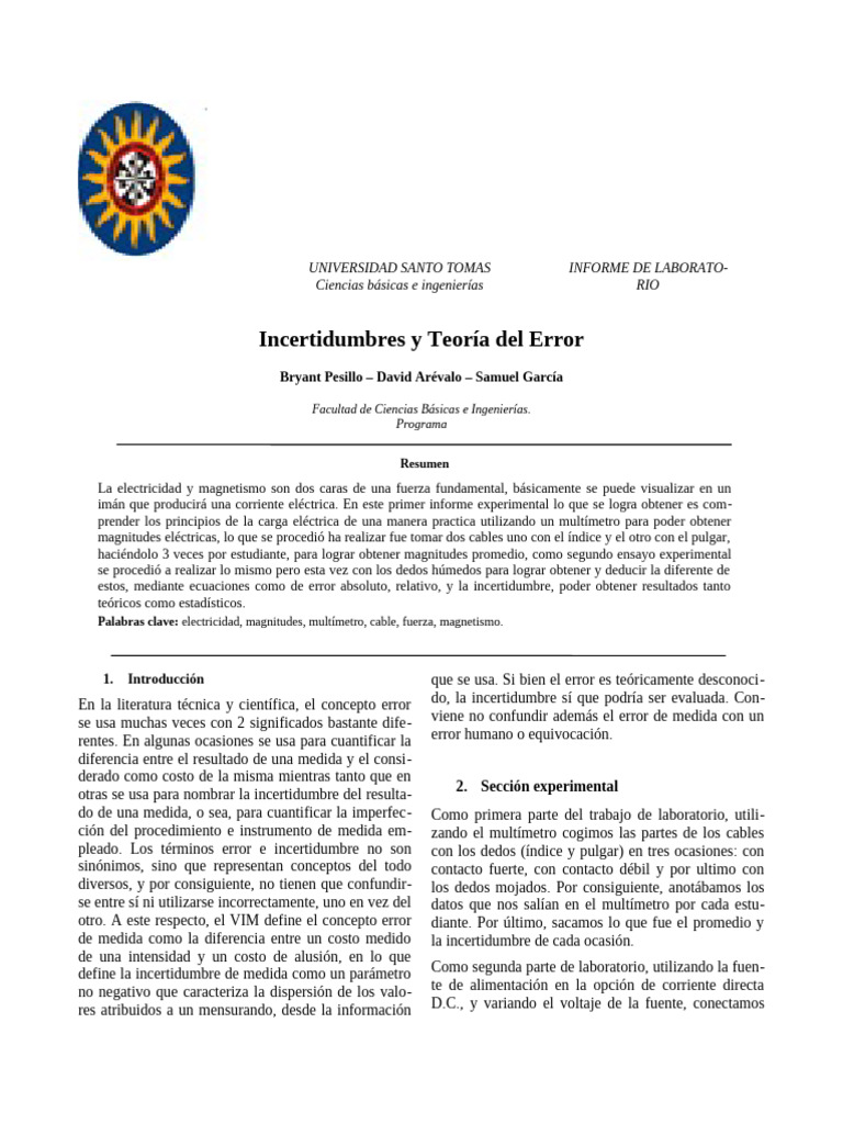 Informe de Laboratorio Electricidad Incertidumbre Teoria y Error | PDF | Incertidumbre | Teoría