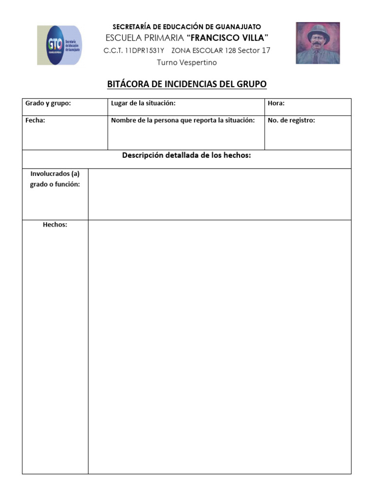 Bitácora de Incidencias Primaria Villa | PDF