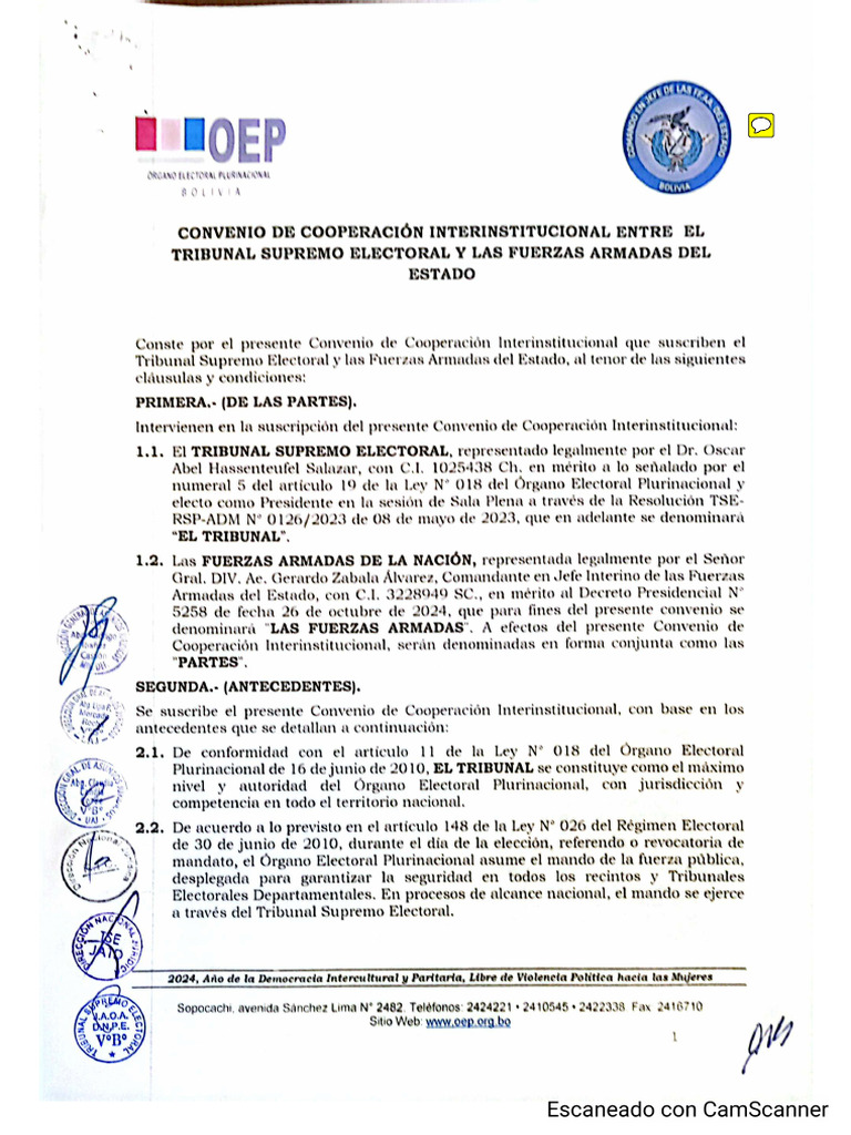 Convenio de Cooperación Interinstitucional Entre El Tribunal Supremo Electoral y Las FF - Aa ...