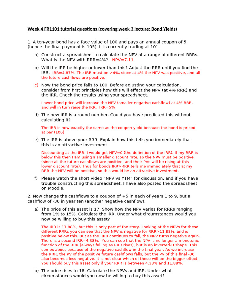 Week 4 FR1101 tutorial exercises (covering lecture 3 - BOND YIELDS) ANSWERS | PDF | Internal ...