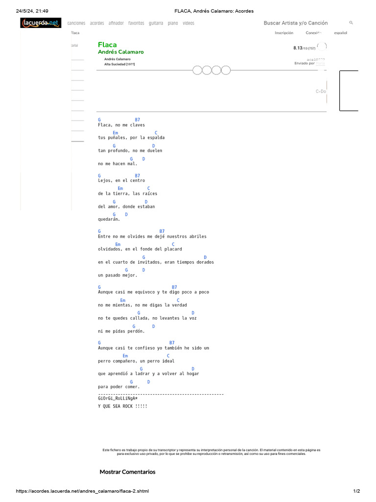 FLACA, Andrés Calamaro - Acordes | PDF | Musicología