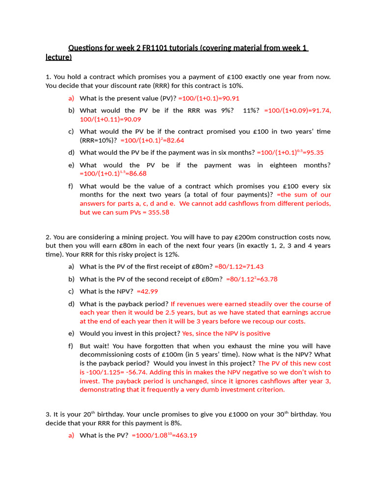 Week 2 FR1101 Tutorial Exercises ANSWERS (Covering Lecture 1) | PDF ...