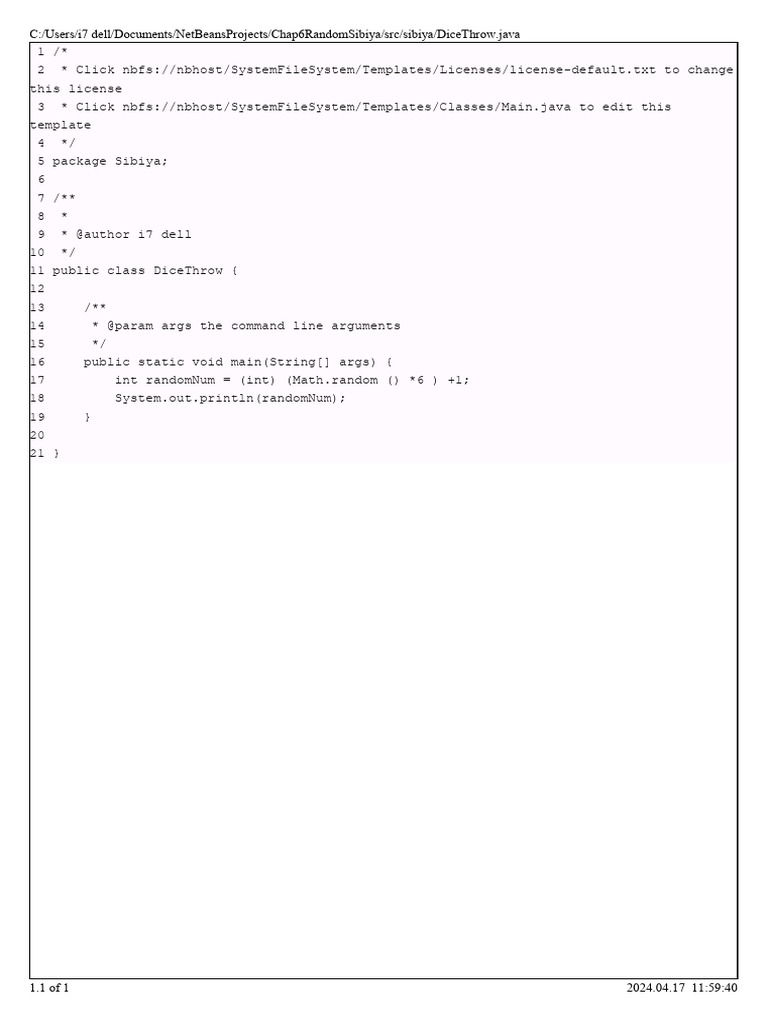 Java Random Dice Throw Example | PDF