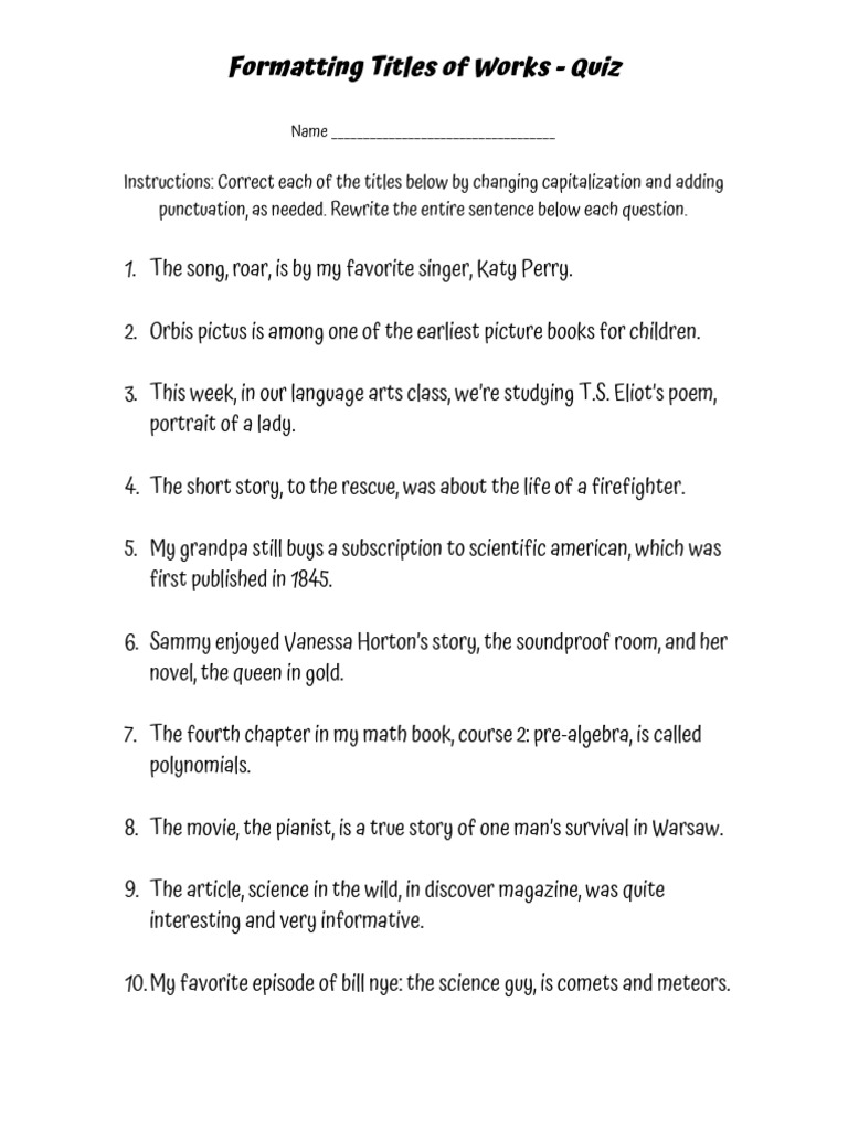 Formatting Titles Quiz and Answers | PDF